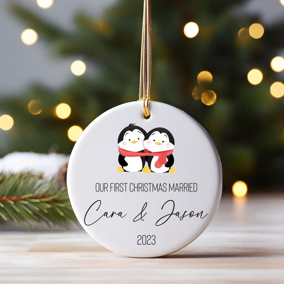First Christmas Married Ornament With Cute Penguins, Personalized ...