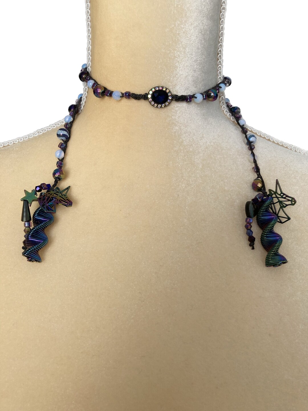 Charmed Necklace Finger Crocheted With Blue Rhinestone Focal, Unicorn ...