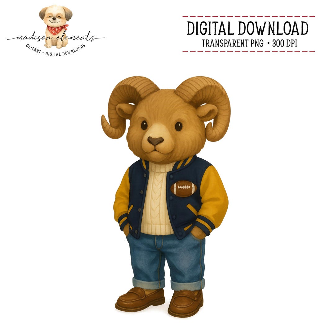 Preppy Ram Mascot Digital PNG, Ram in Letterman Jacket Art, High School ...