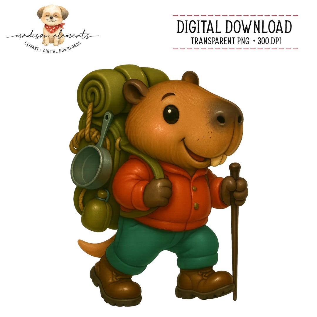 Hiking Capybara Digital PNG, Animal Sherpa Clip Art, Camping Adventure ...