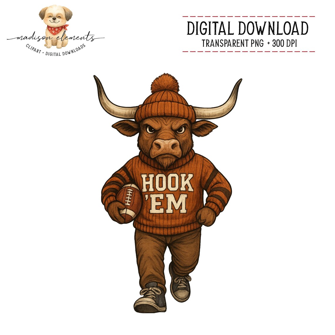 Longhorn Mascot PNG, Hook Em Football Digital Download, Orange and ...