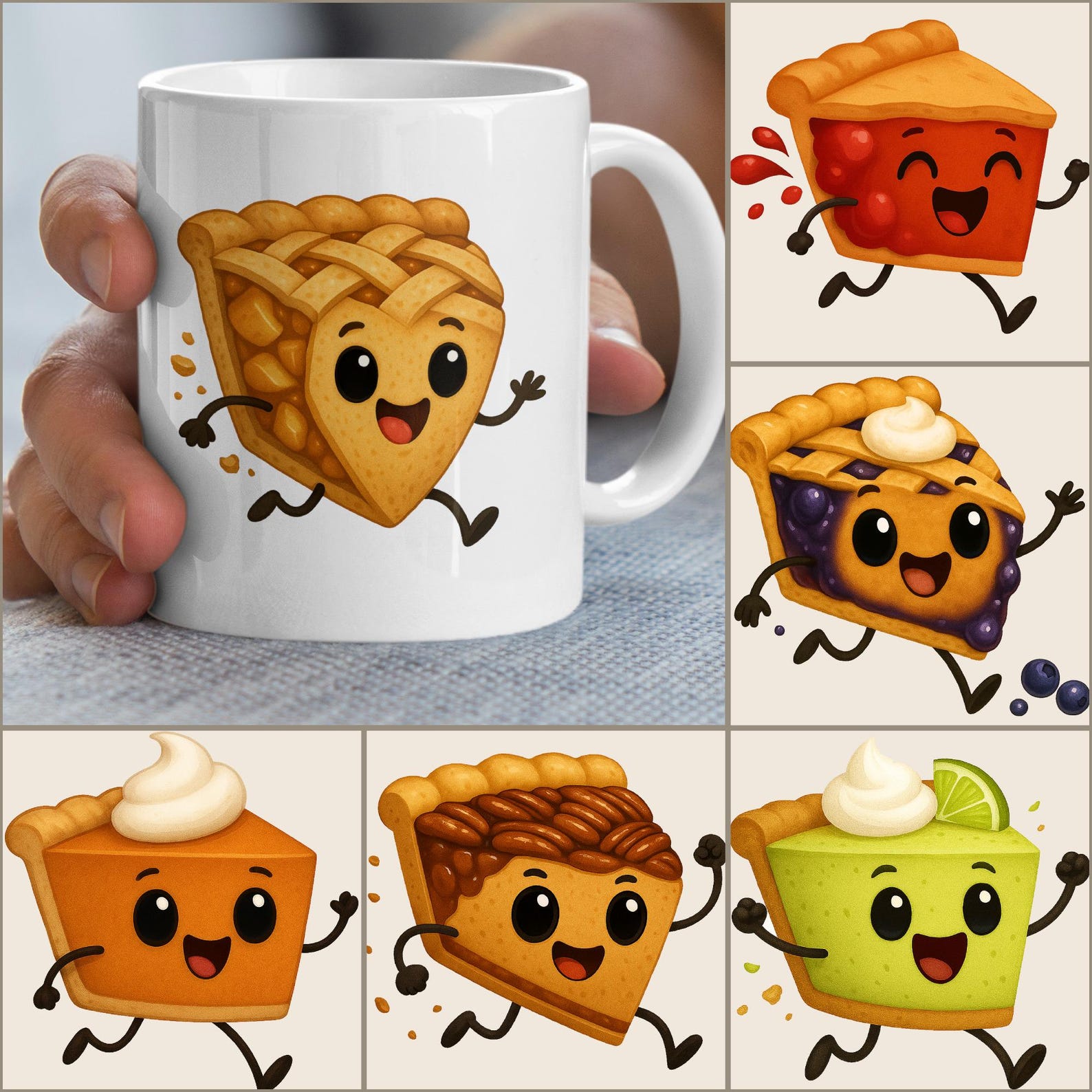 Pie Slices Digital PNG Bundle, Funny Kawaii Pies Digital Download, Cute ...