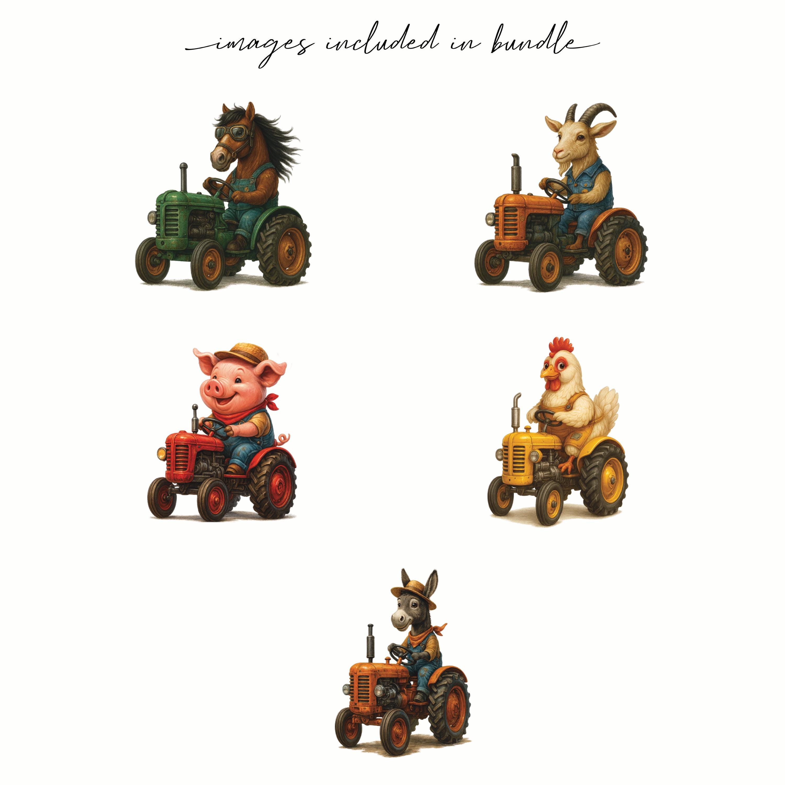 Farm Animals on Tractors Digital PNG Bundle, Pig Rooster Highland Cow ...