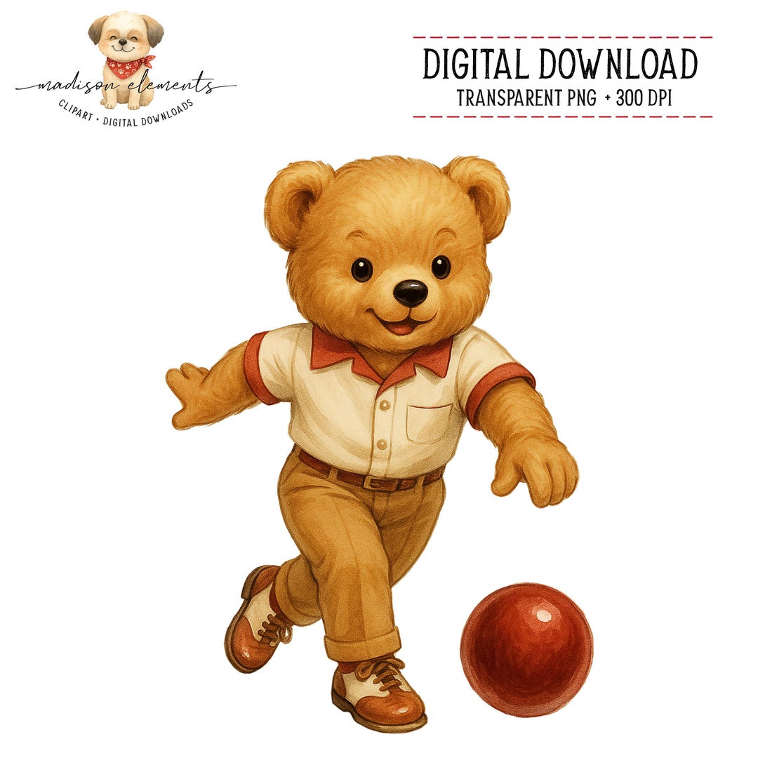 Retro Bowling Teddy Bear PNG, Cute Brown Bear Clipart, Vintage Bowling ...