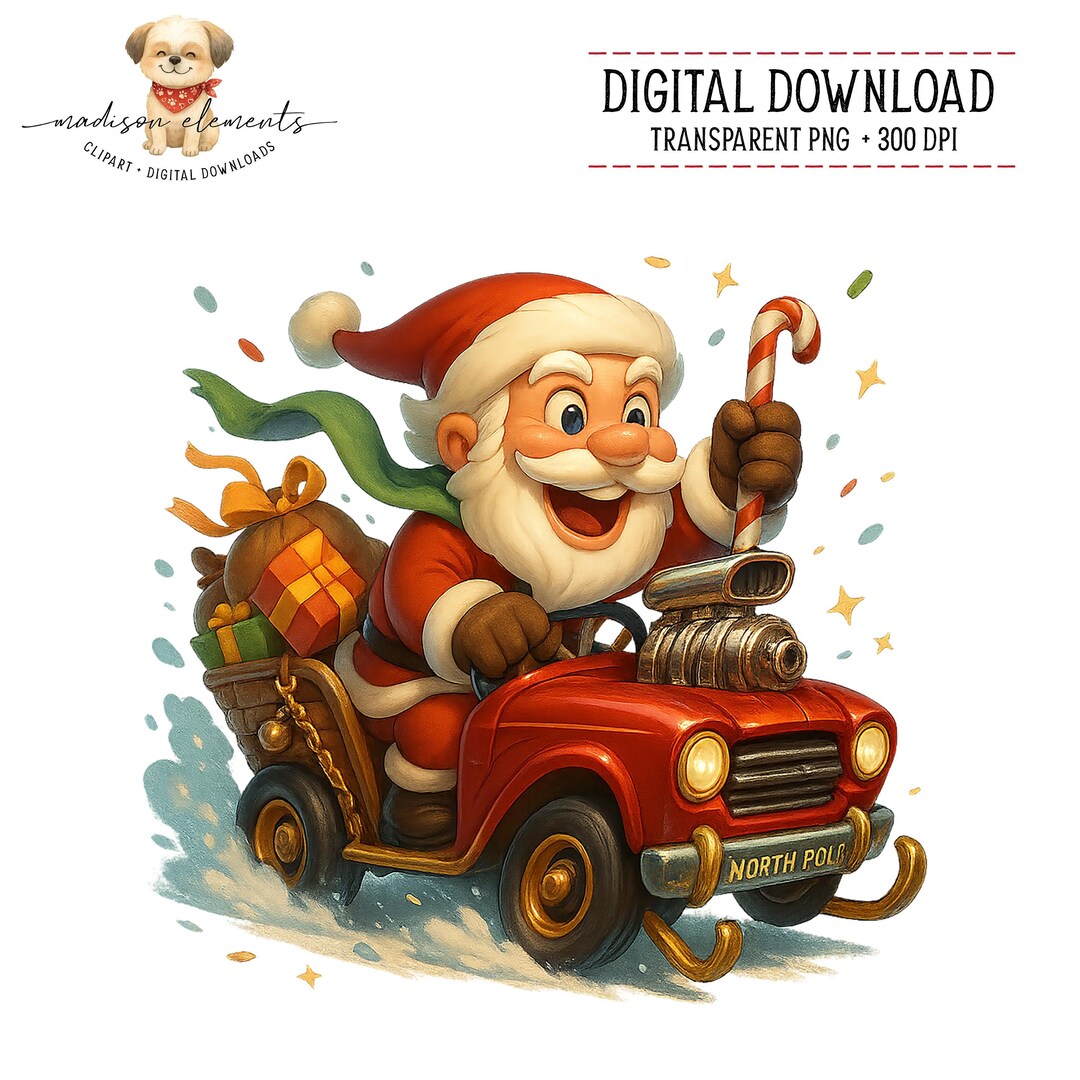 Santa Driving Race Car Digital, Christmas PNG File, Holiday Clipart ...