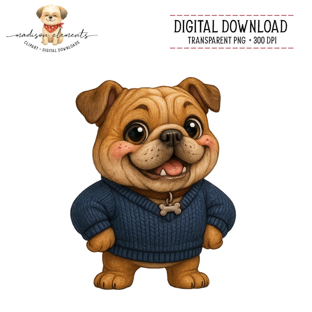 Cute Bulldog Mascot Digital PNG Download, Bulldog in Sweater Art ...