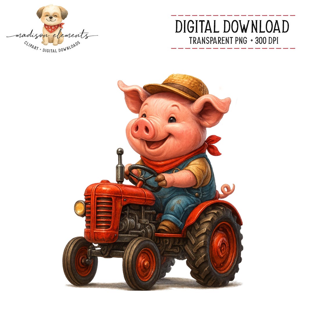 Cute Pig on Tractor PNG Digital Art, Cartoon Piglet Farmer Printable ...
