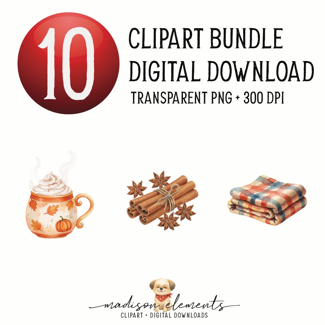 Watercolor Cozy Autumn Clipart Set, Realistic Fall Elements Digital PNG ...