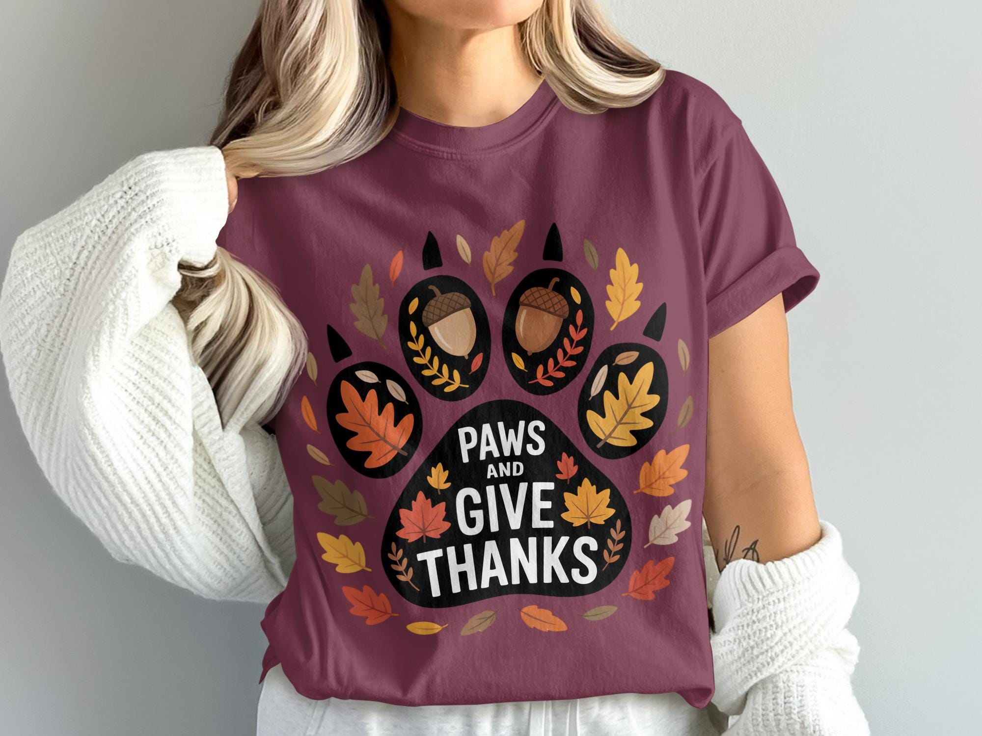 Paws and Give Thanks Digital PNG, Thanksgiving Animal Paw, Acorn Leaves ...