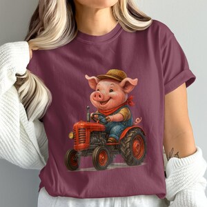 Cute Pig on Tractor PNG Digital Art, Cartoon Piglet Farmer Printable ...