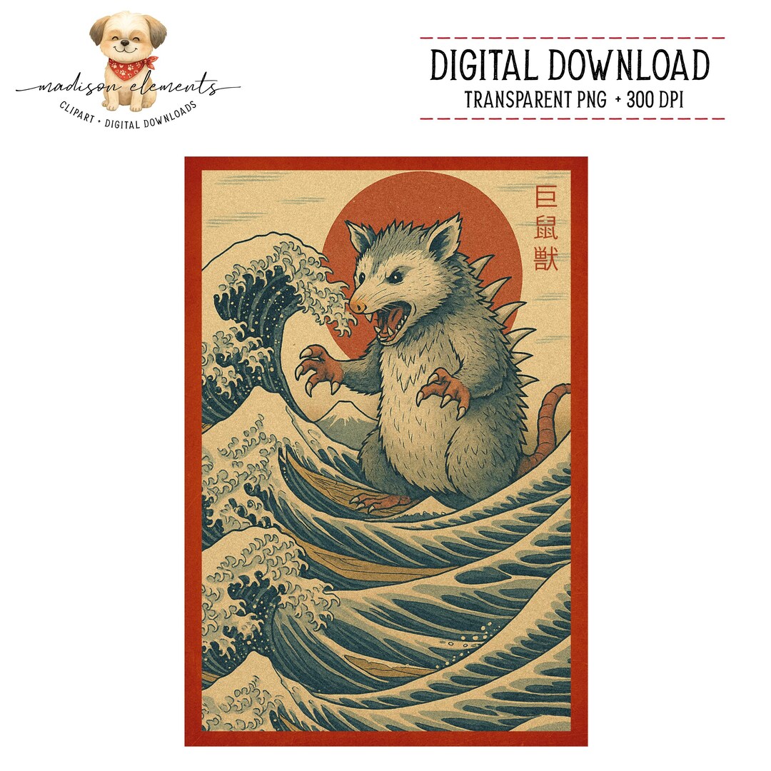 Kaiju Opossum PNG, Japanese Wave Art. Godzilla Inspired Animal Png ...