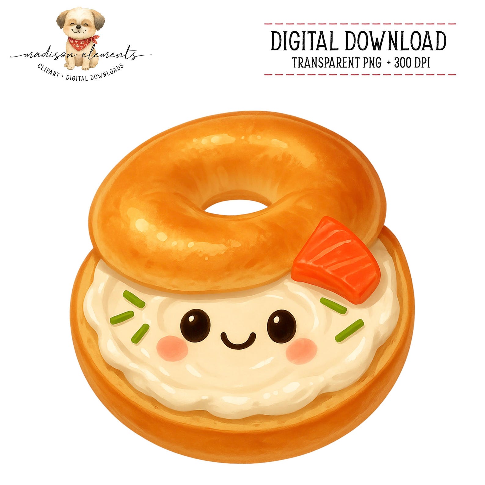 Cute Bagel PNG Digital, Bagel With Cream Cheese and Salmon Clipart ...