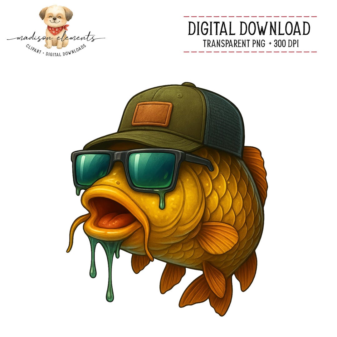 Cool Carp Digital PNG Download, Funny Fish Art Print, Carp Wearing Hat ...