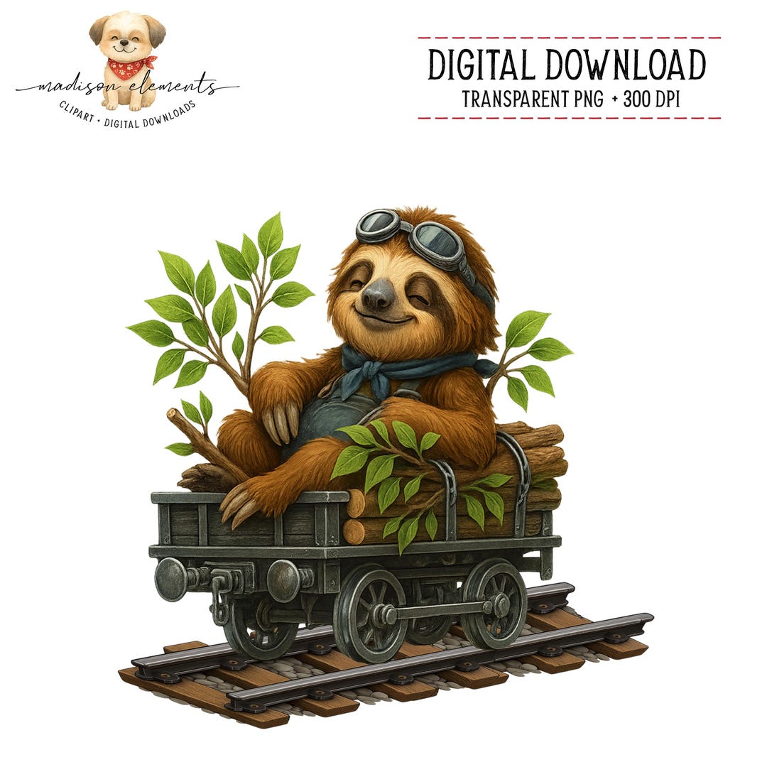 Sloth on Train Cart Digital, Cartoon Sloth Art Print, Smiling Animal ...