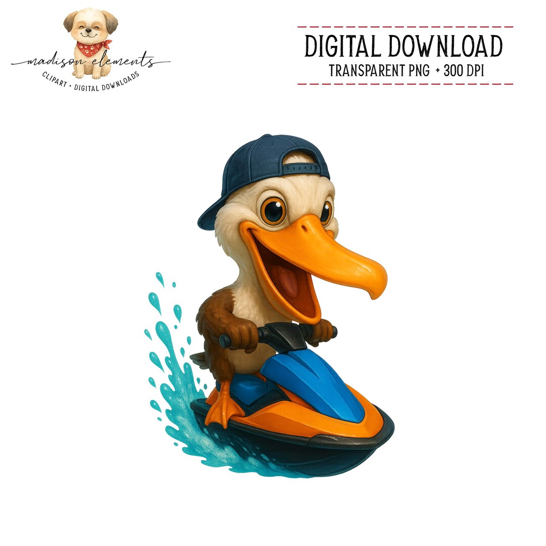 Pelican on Jet Ski Digital PNG, Cartoon Pelican Illustration, Beach ...
