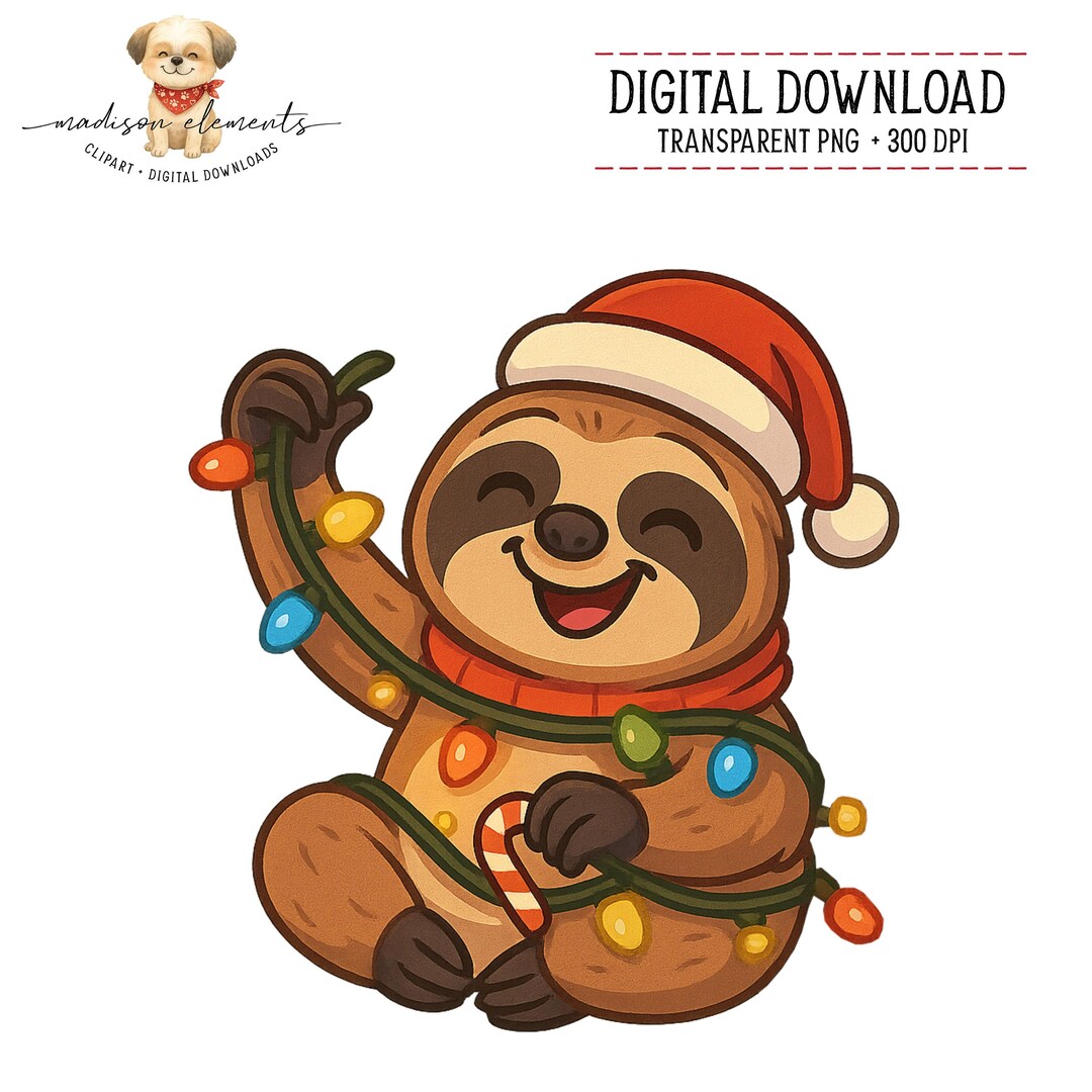 Christmas Sloth PNG, Holiday Lights Digital Download, Santa Hat Sloth ...