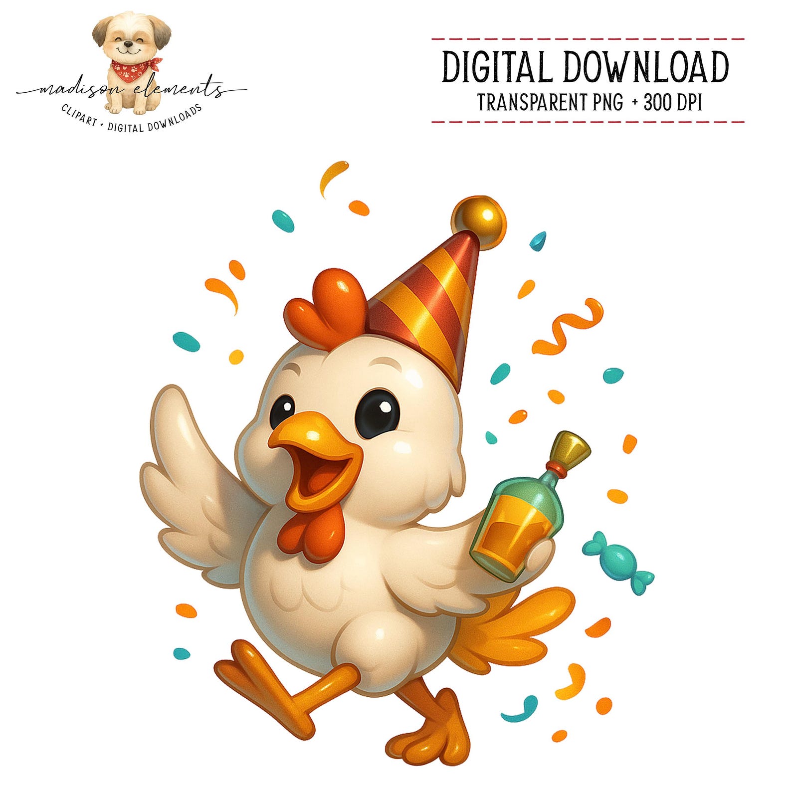 Party Fowl PNG, Chicken Digital Png, Festive Chicken Clip Art, Cute ...