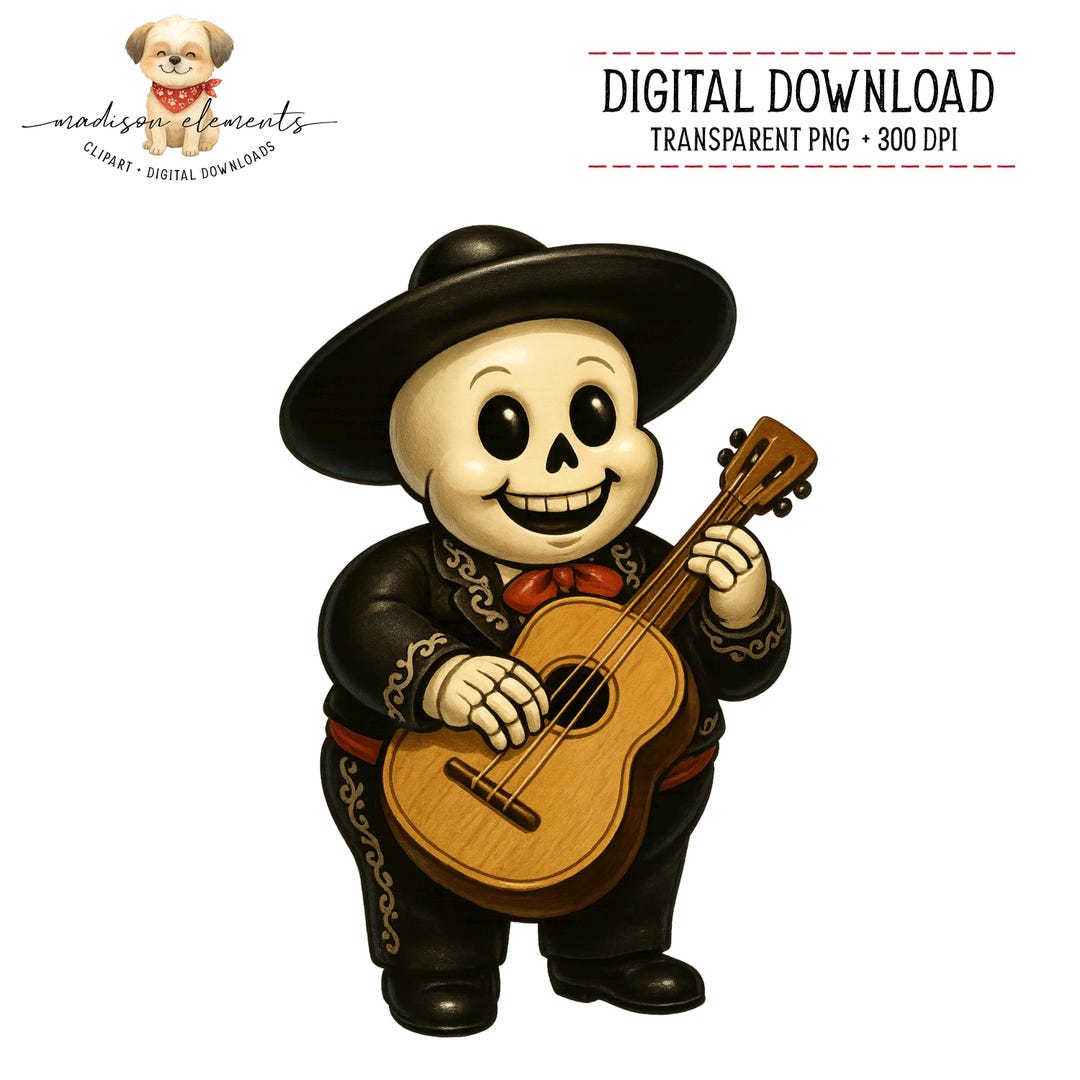 Day of the Dead Mariachi Digital, Skull Mariachi Playing Guitar PNG ...