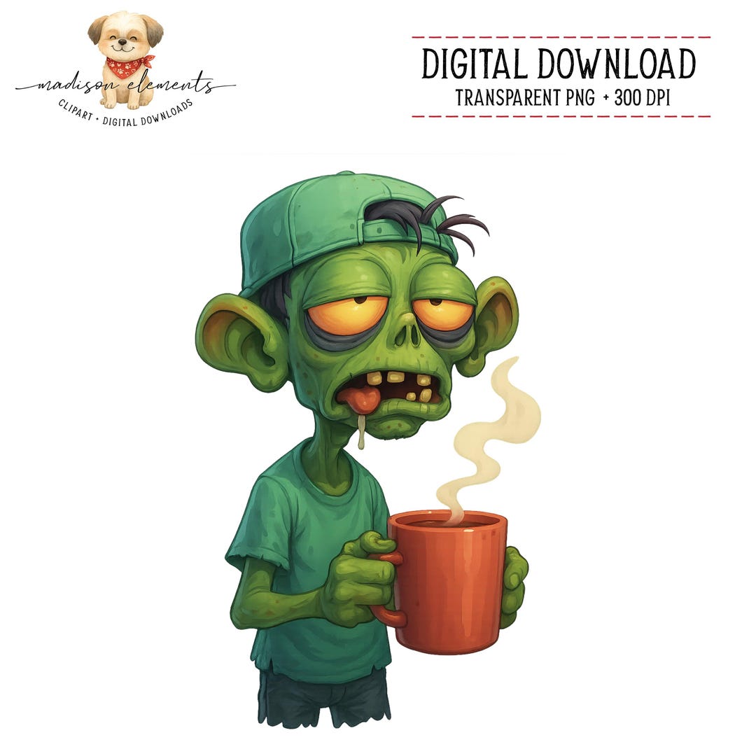 Zombie Drinking Coffee Digital Download PNG, Funny Green Zombie Cartoon ...