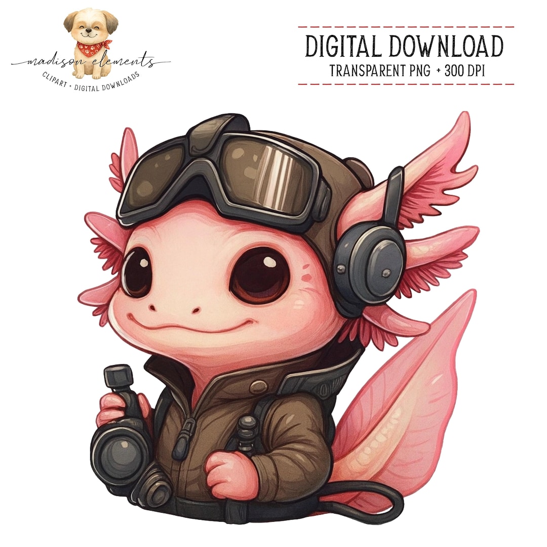 Axolotl Pilot PNG, Cute Amphibian Digital Download, Pink Axolotl PNG ...