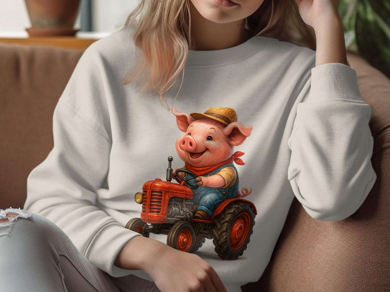 Cute Pig on Tractor PNG Digital Art, Cartoon Piglet Farmer Printable ...