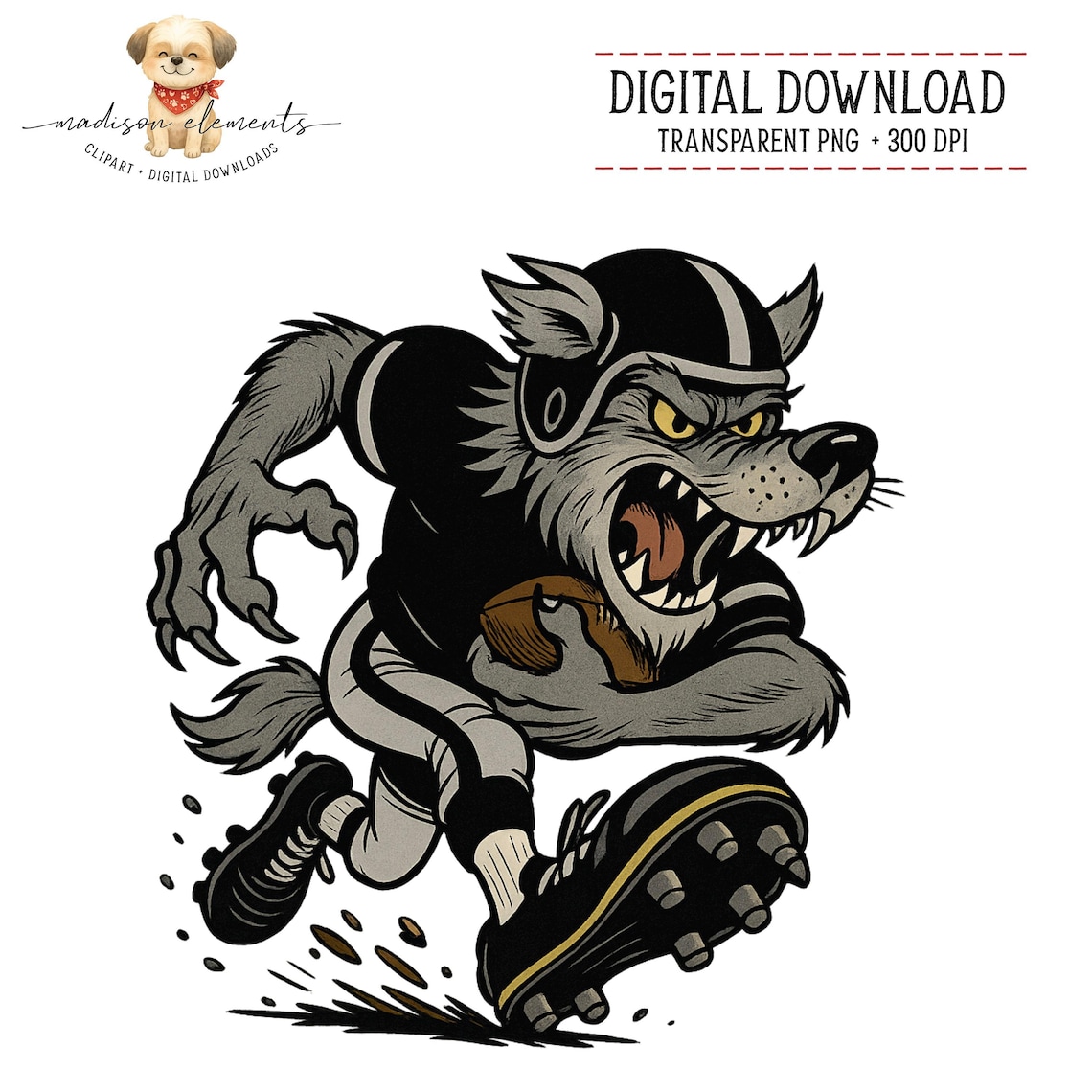 Football Wolf Mascot Clipart, Retro Wolf Digital PNG Download, Sports ...