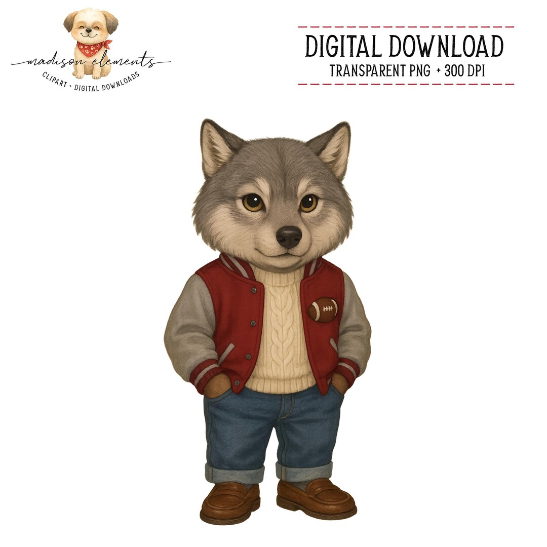 Preppy Wolf Digital Mascot Image, Wolf in Letterman Jacket PNG, High ...