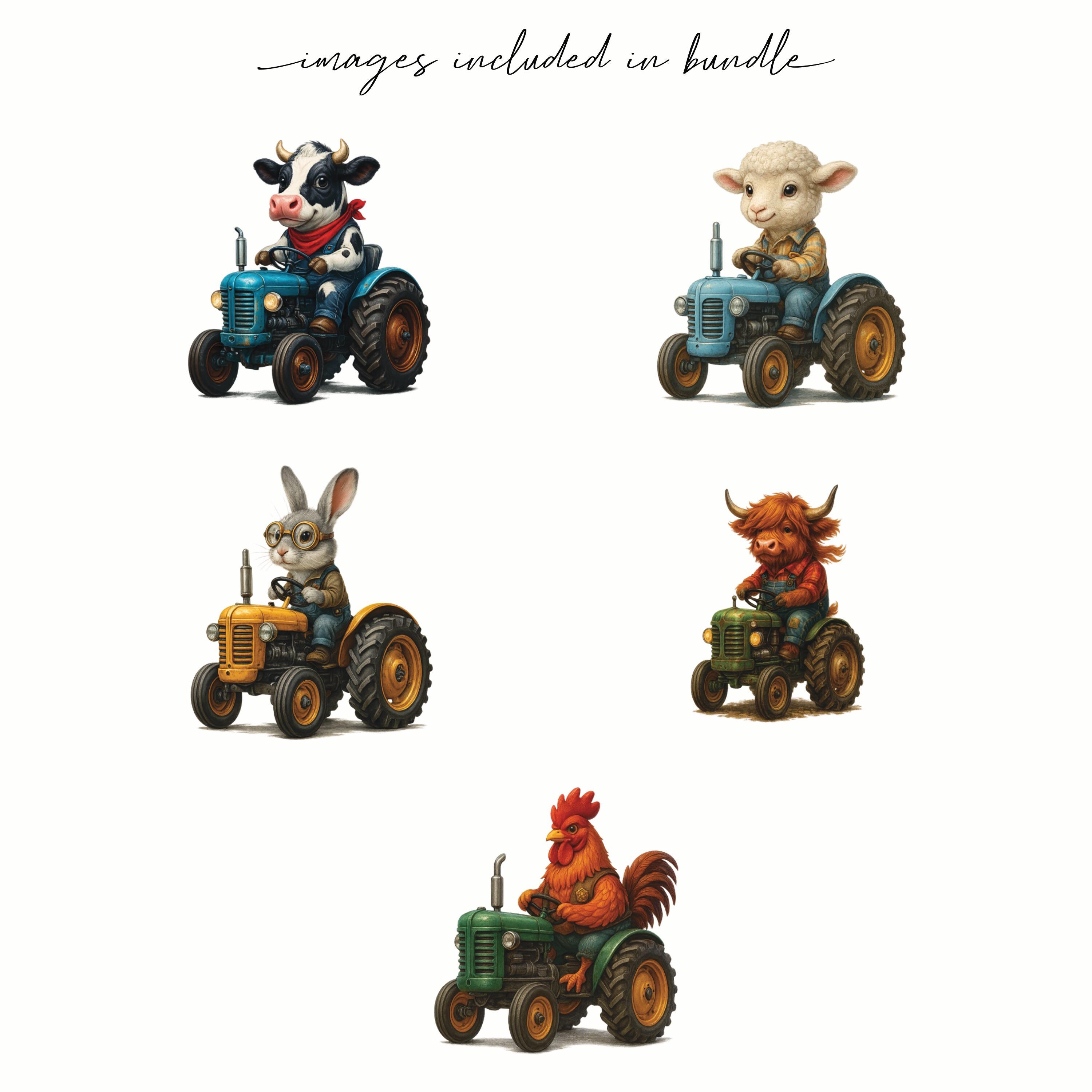 Farm Animals on Tractors Digital PNG Bundle, Pig Rooster Highland Cow ...