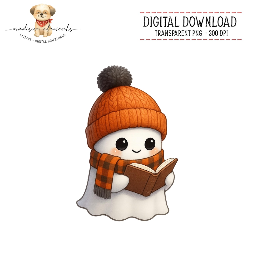Cute Ghost Reading Book Digital Download PNG, Halloween Illustration ...