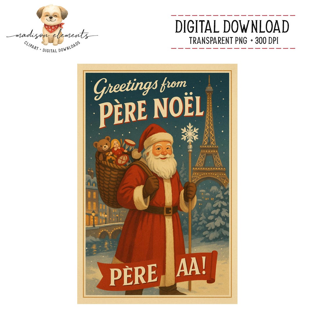 France Christmas Postcard Digital PNG, Pere Noel, Eiffel Tower Print ...