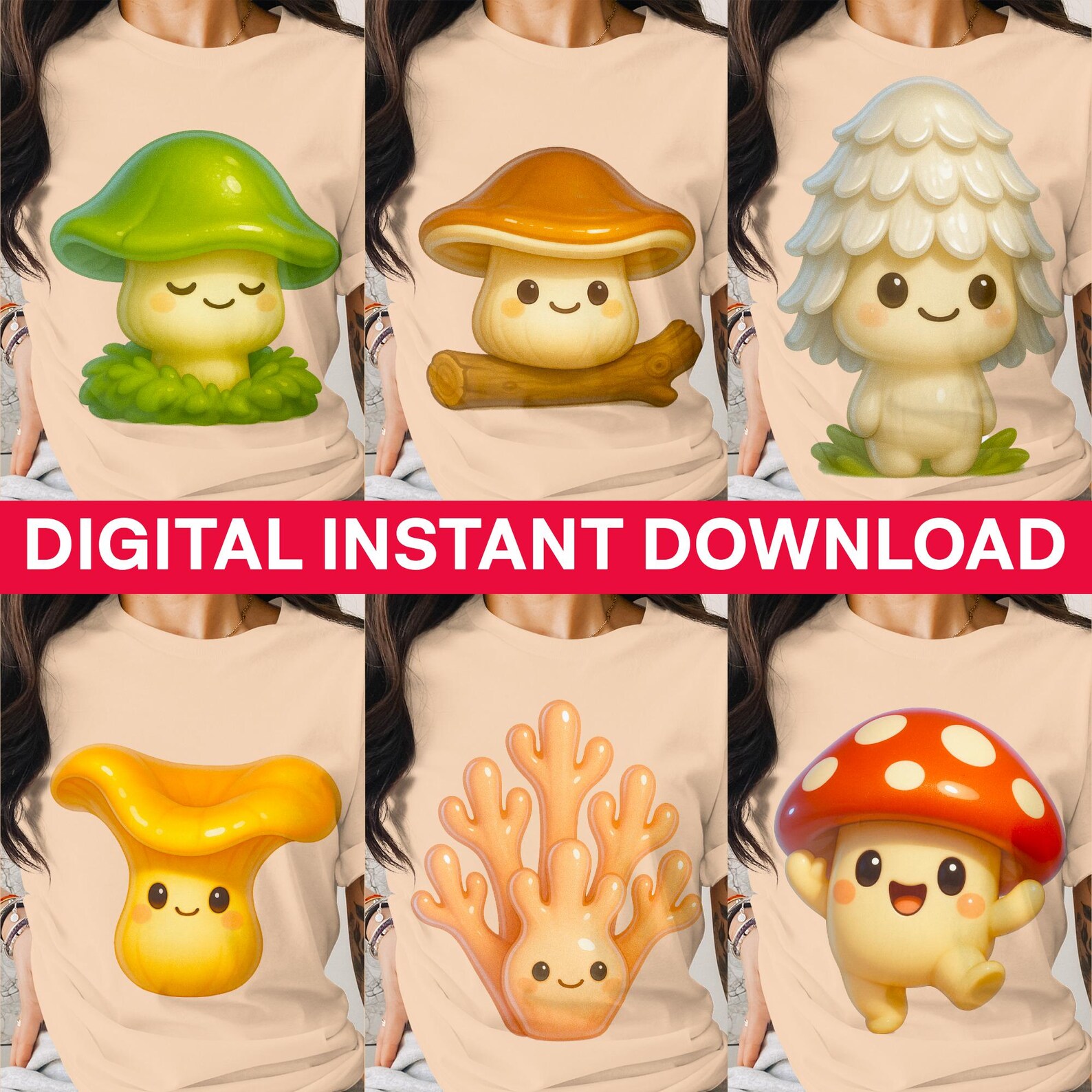 Cute Mushrooms Digital PNG Bundle, Kawaii Mushroom Graphics, Morel ...