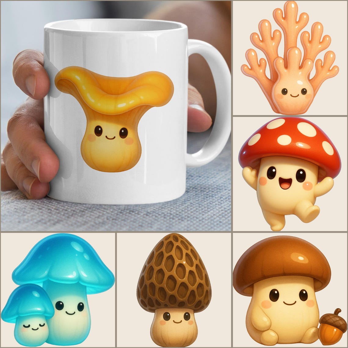 Cute Mushrooms Digital PNG Bundle, Kawaii Mushroom Graphics, Morel ...