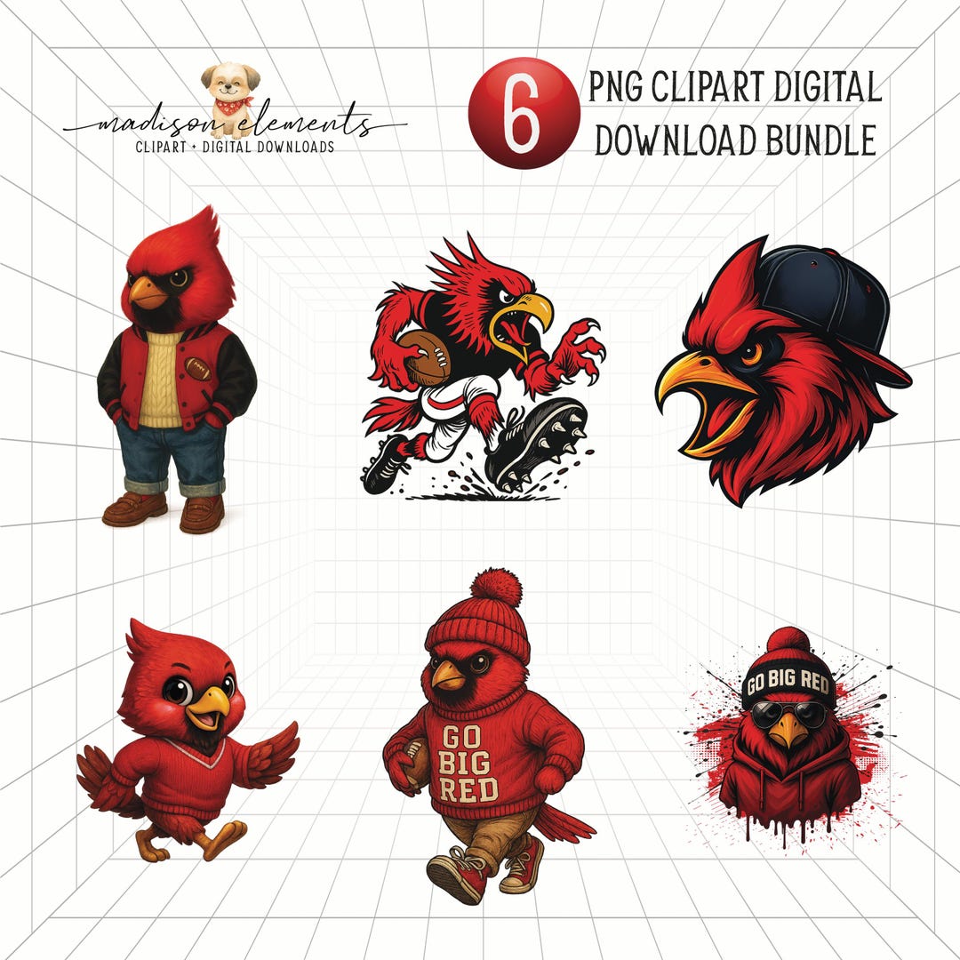 Cardinal Mascot Digital PNG Bundle, Cartoon Red Bird Clipart, Football ...