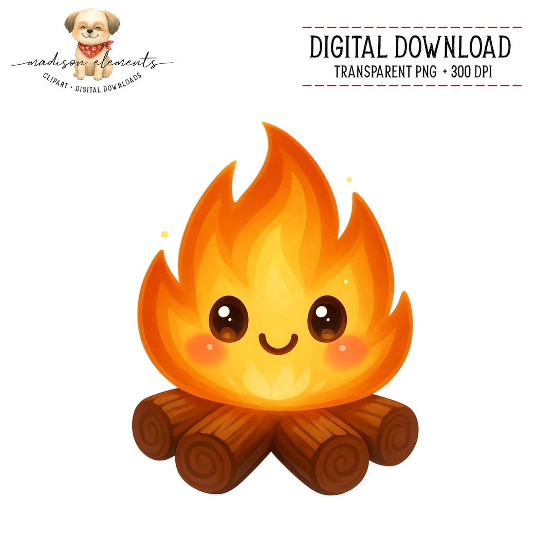 Cute Campfire Digital Art, Kawaii Fire Clipart, Bonfire Illustration ...