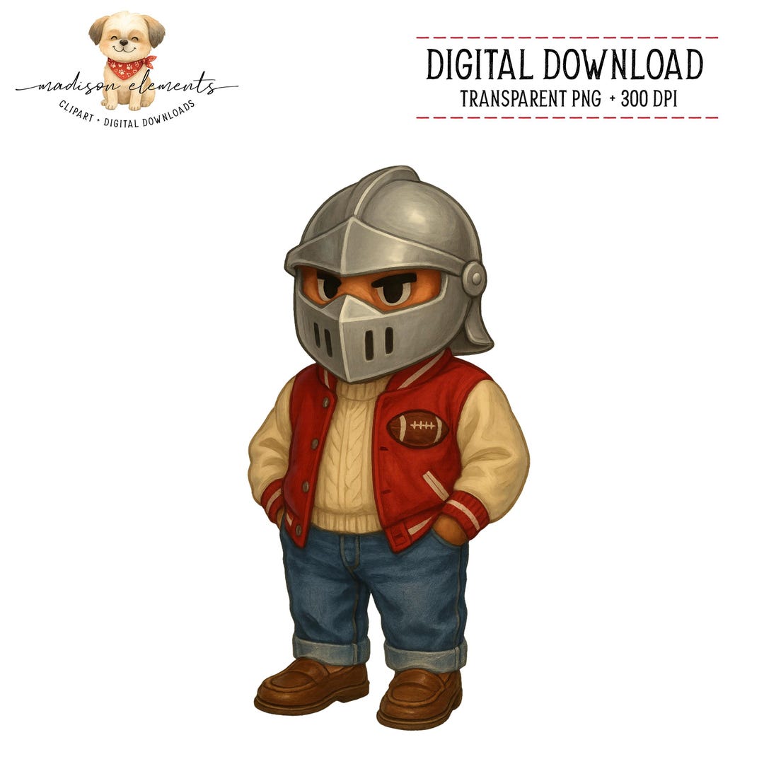 Preppy Knight Mascot Digital PNG, Knight in Letterman Jacket Digital ...