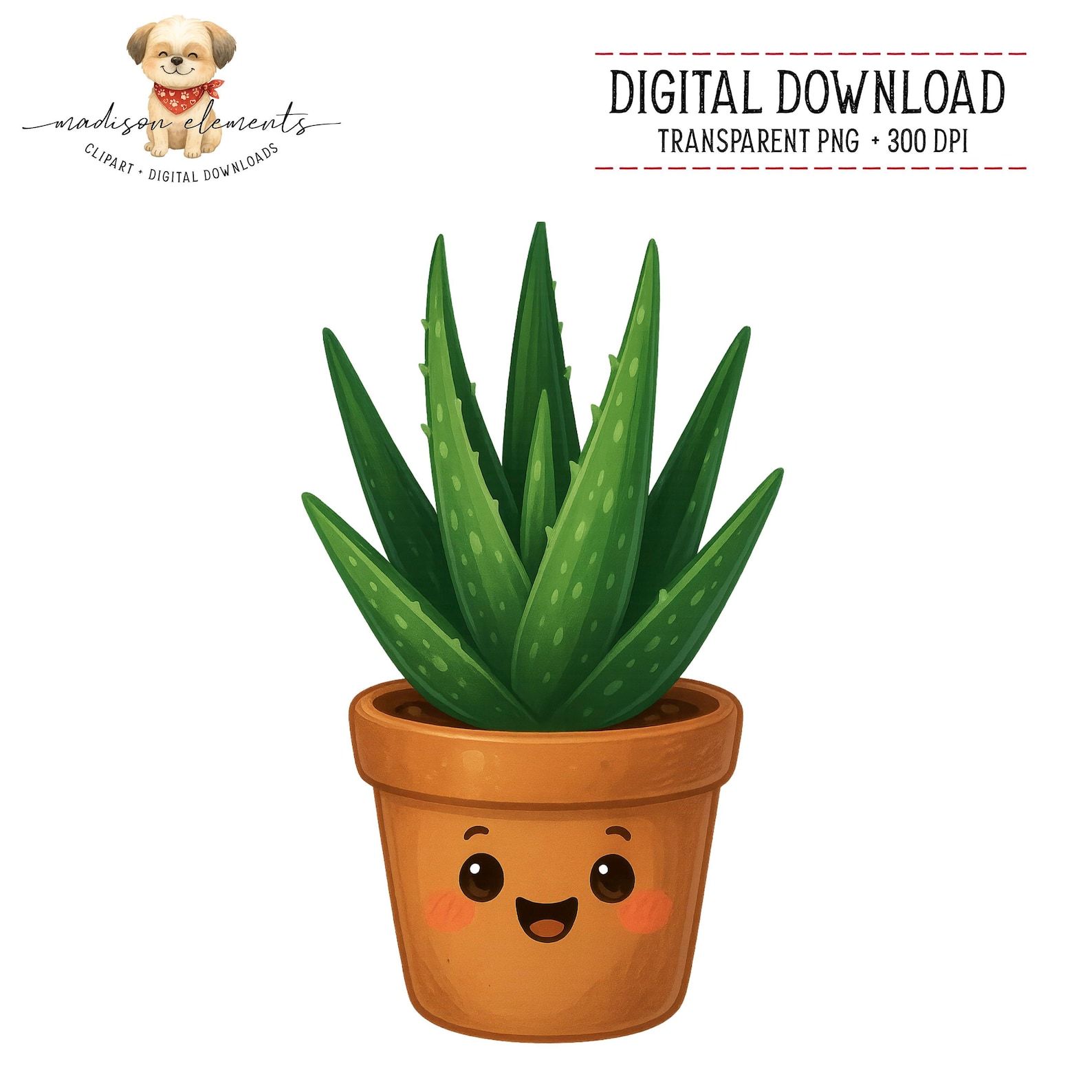 Cute Aloe Vera Plant Digital Download PNG, Kawaii Potted Plant, Smiling ...