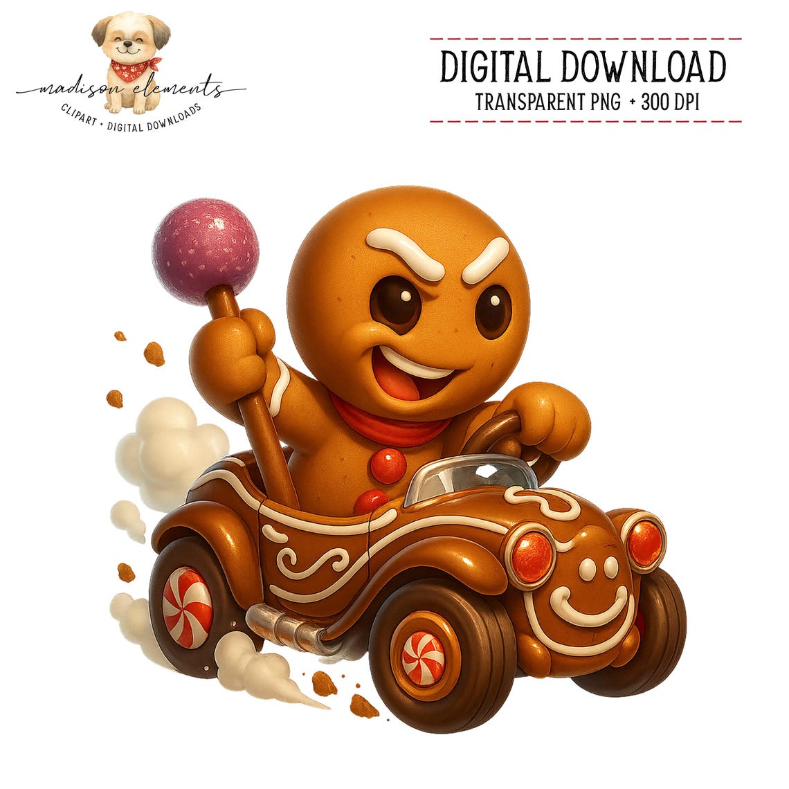 Gingerbread Man Racing Digital PNG, Funny Cookie in Car Clipart ...