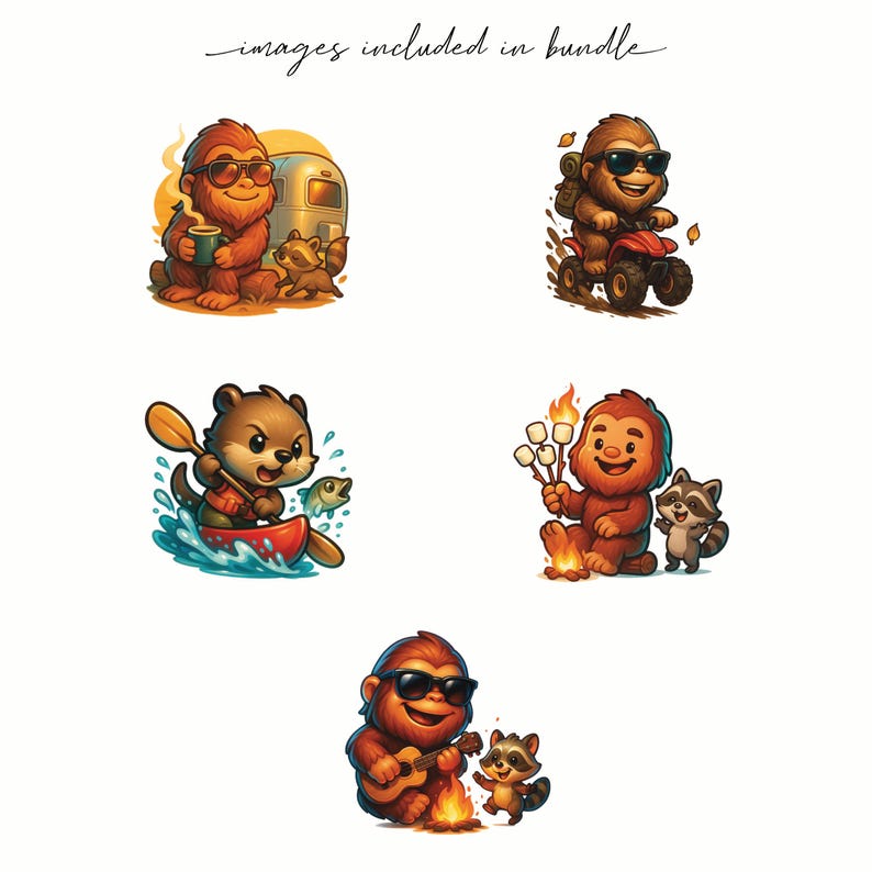 Big Foot Outdoor Adventures Digital PNG Bundle, Cute Animals Camping ...