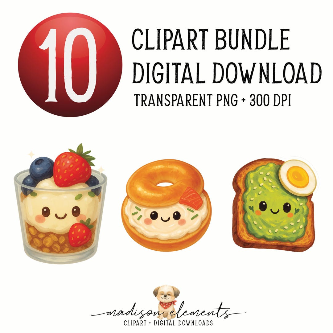 10 Cute Brunch Food Clipart Bundle, Kawaii Breakfast and Brunch PNG Set ...