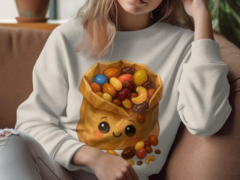 Cute Snack Bag Digital Art, Nuts Illustration Print, Kawaii Trail Mix ...