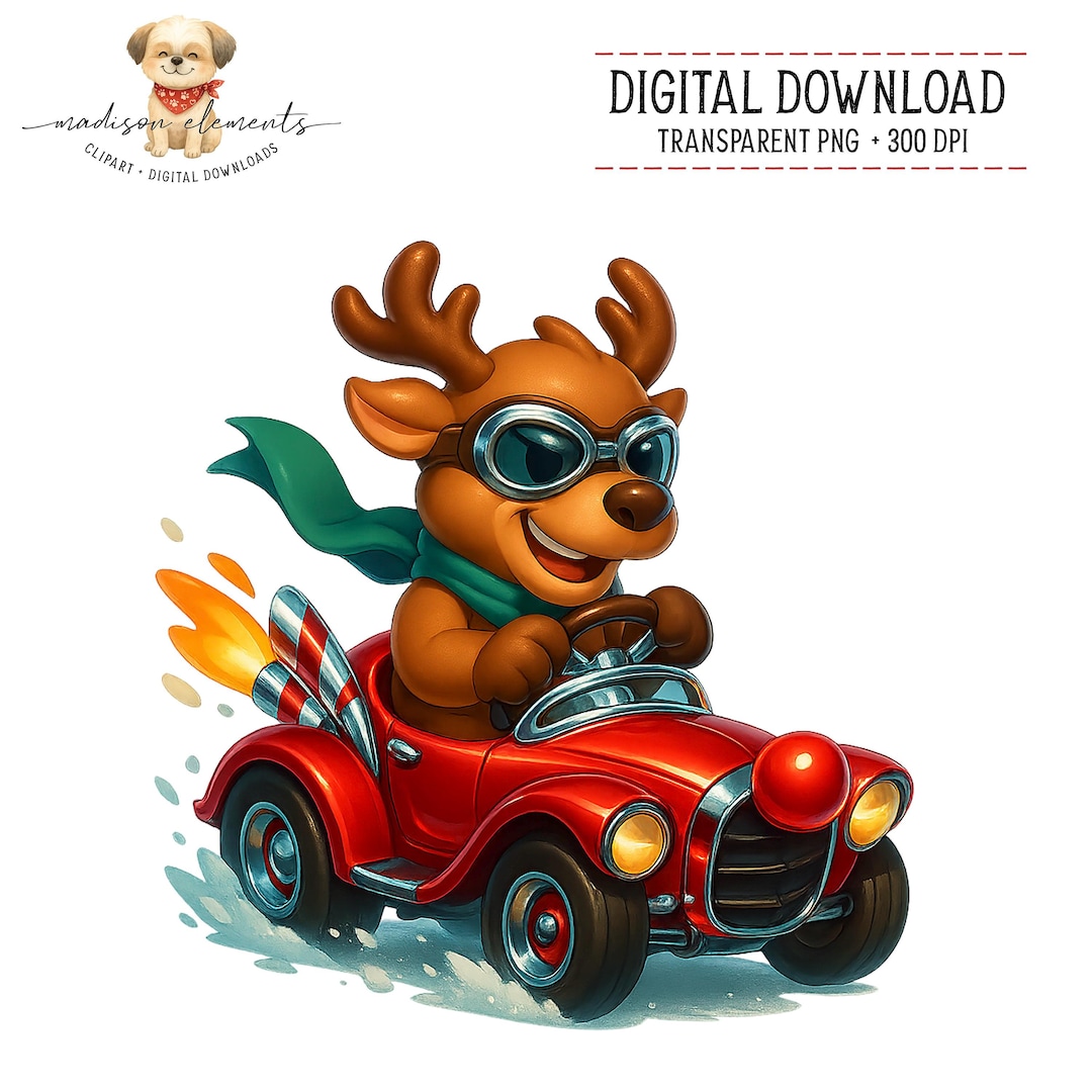 Reindeer Driving Race Car Clipart, Cute Deer PNG, Red Car Digital ...