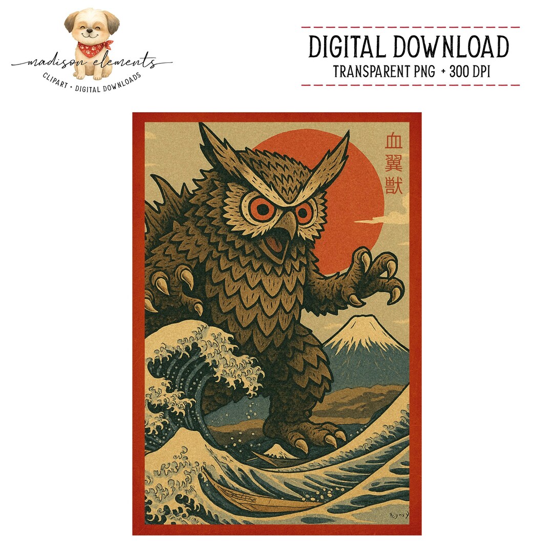 Giant Owl Digital Download PNG, Blood Winged Beast Art, Japanese Wave ...