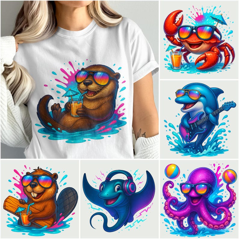 Neon Summer Sea Animals Clipart Bundle, Cool Ocean Creatures Digital ...