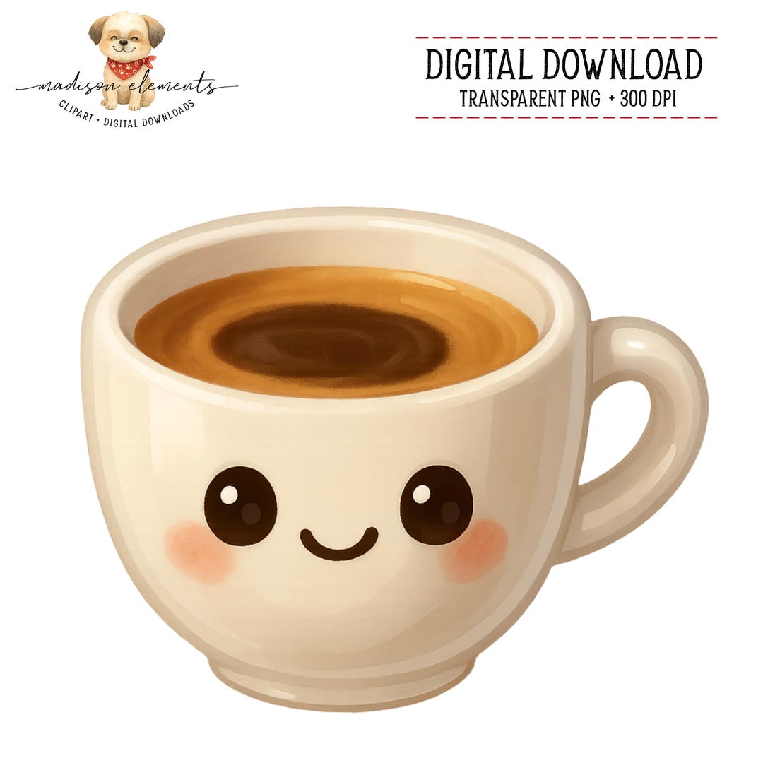 Cute Coffee Cup Digital PNG, Kawaii Coffee Clipart, Coffee Lover Gift ...