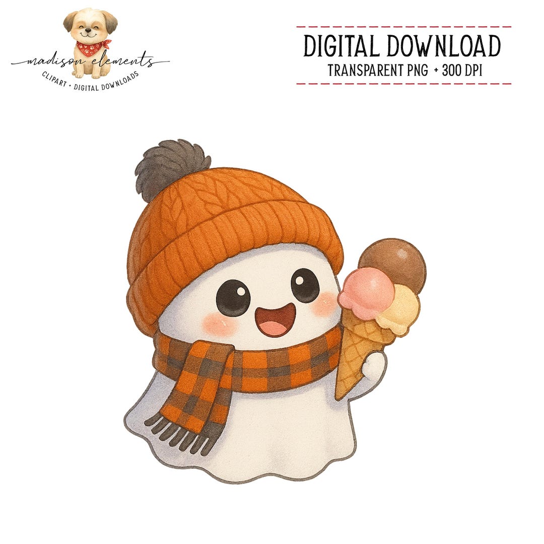 Cute Ghost With Ice Cream Cone Digital Download PNG, Winter Scarf and ...
