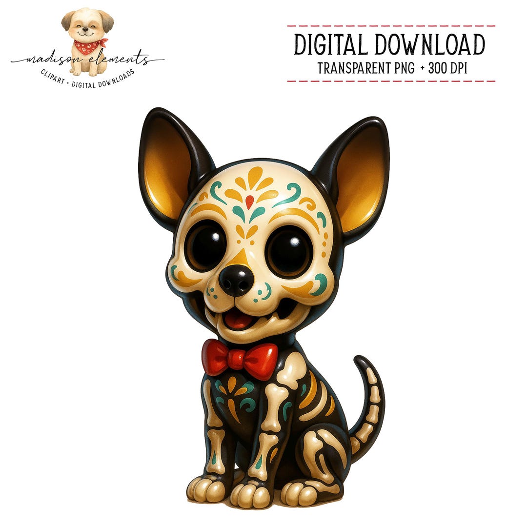 Cute Chihuahua Digital PNG, Day of the Dead Dog, Calavera Puppy Image ...