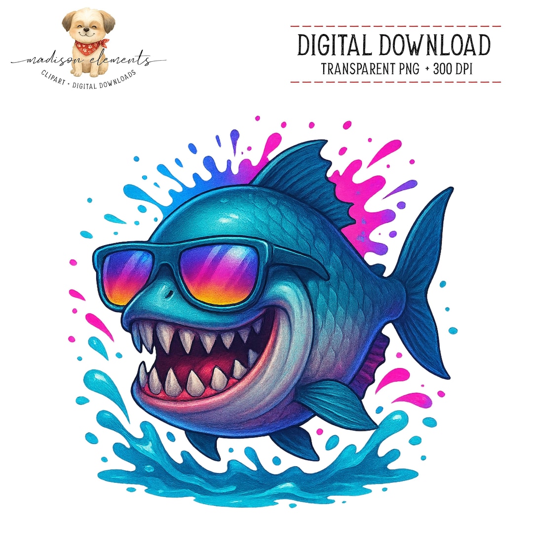 Cool Piranha Digital Download PNG, Funny Fish Art, Quirky Watersplash ...
