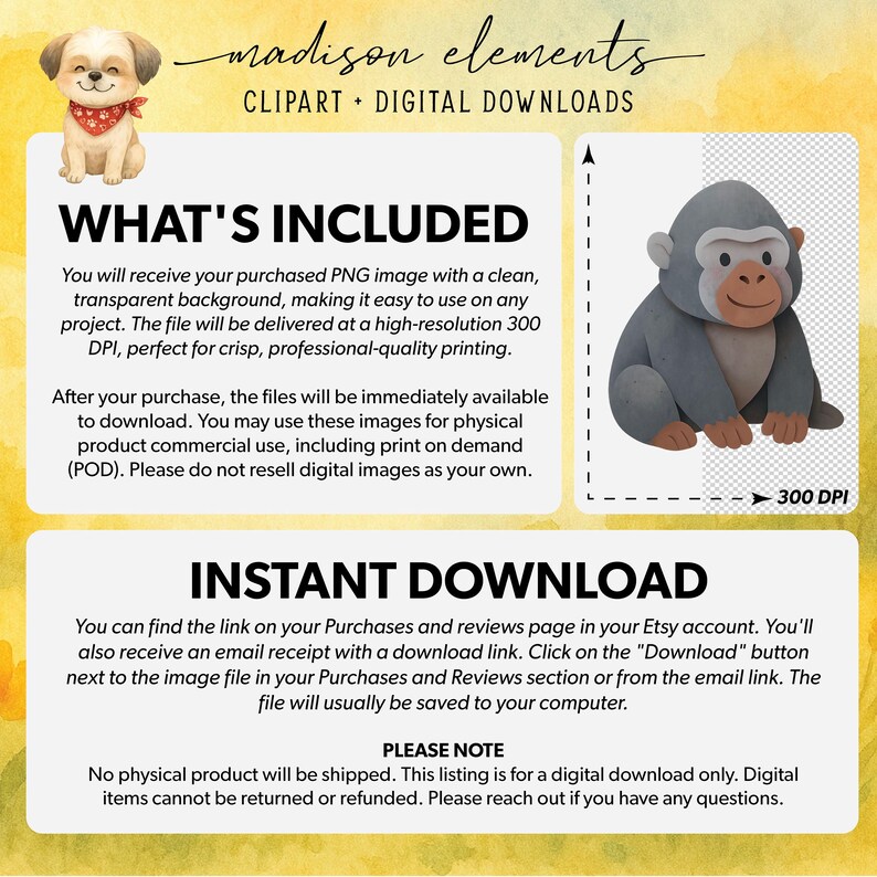 Cute Gorilla Digital Download, Gorilla PNG Clipart, Jungle Nursery Art ...