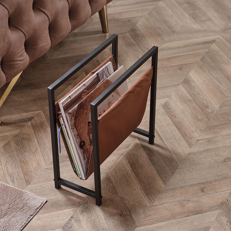 Metal & Leather Magazine Rack: Modern Industrial Book Organizer - Etsy