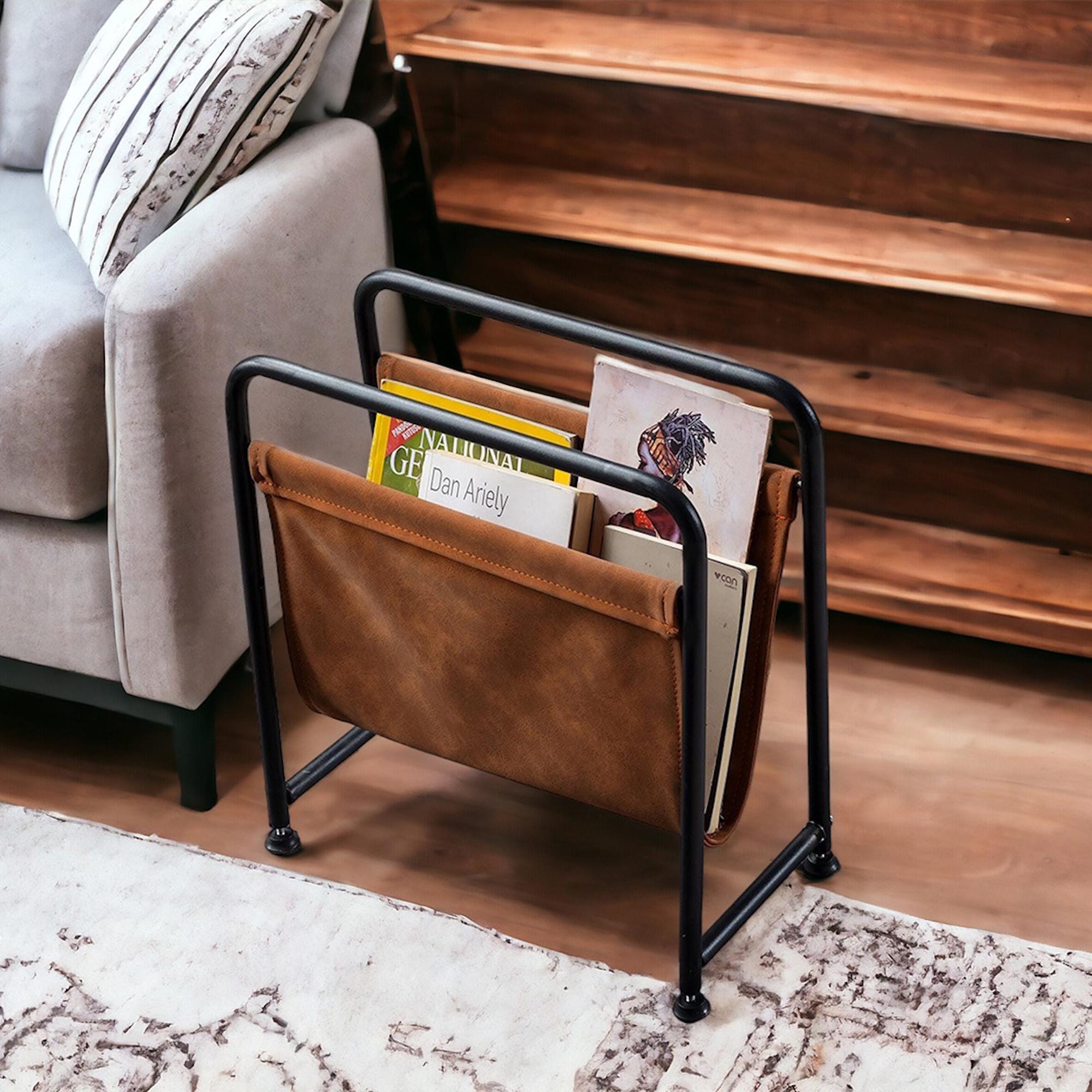 Modern Metal & Leather Magazine Rack - Minimalist Industrial Book ...